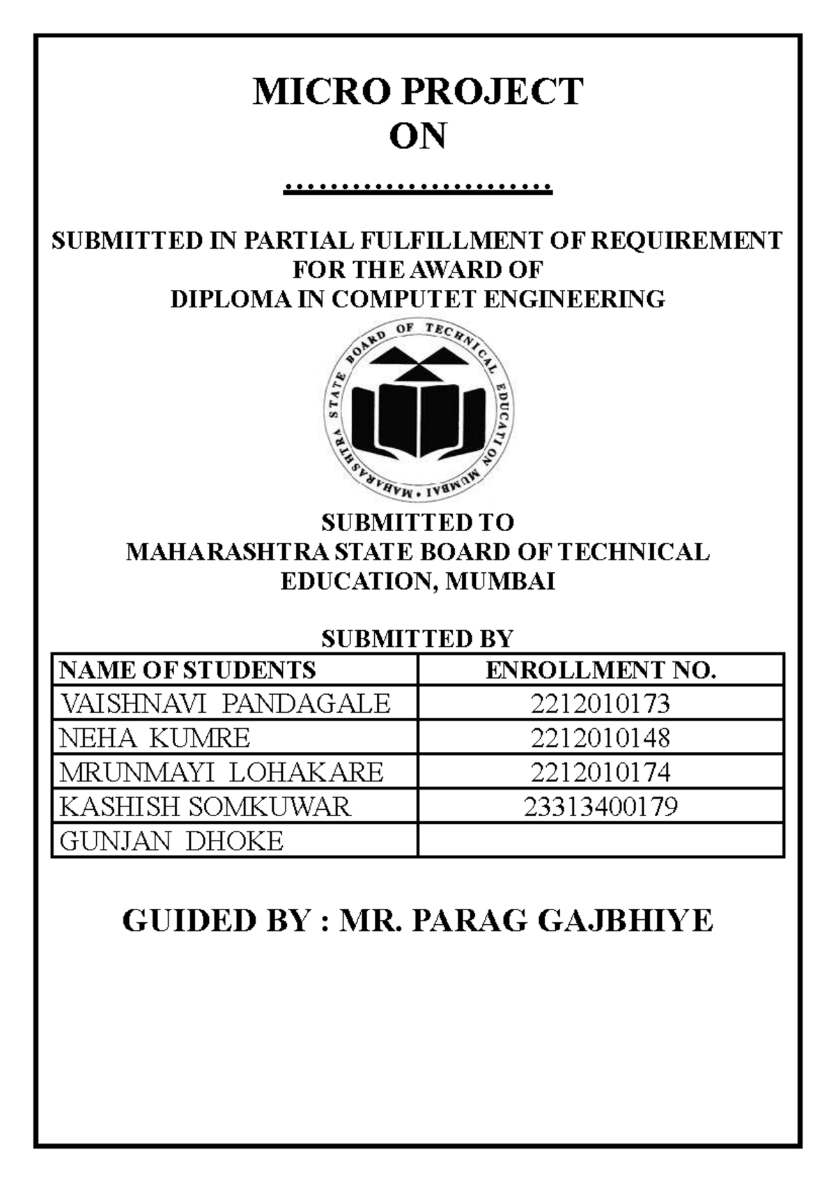 Micro Project Report for Diploma in Computer Engineering (1201) - Studocu
