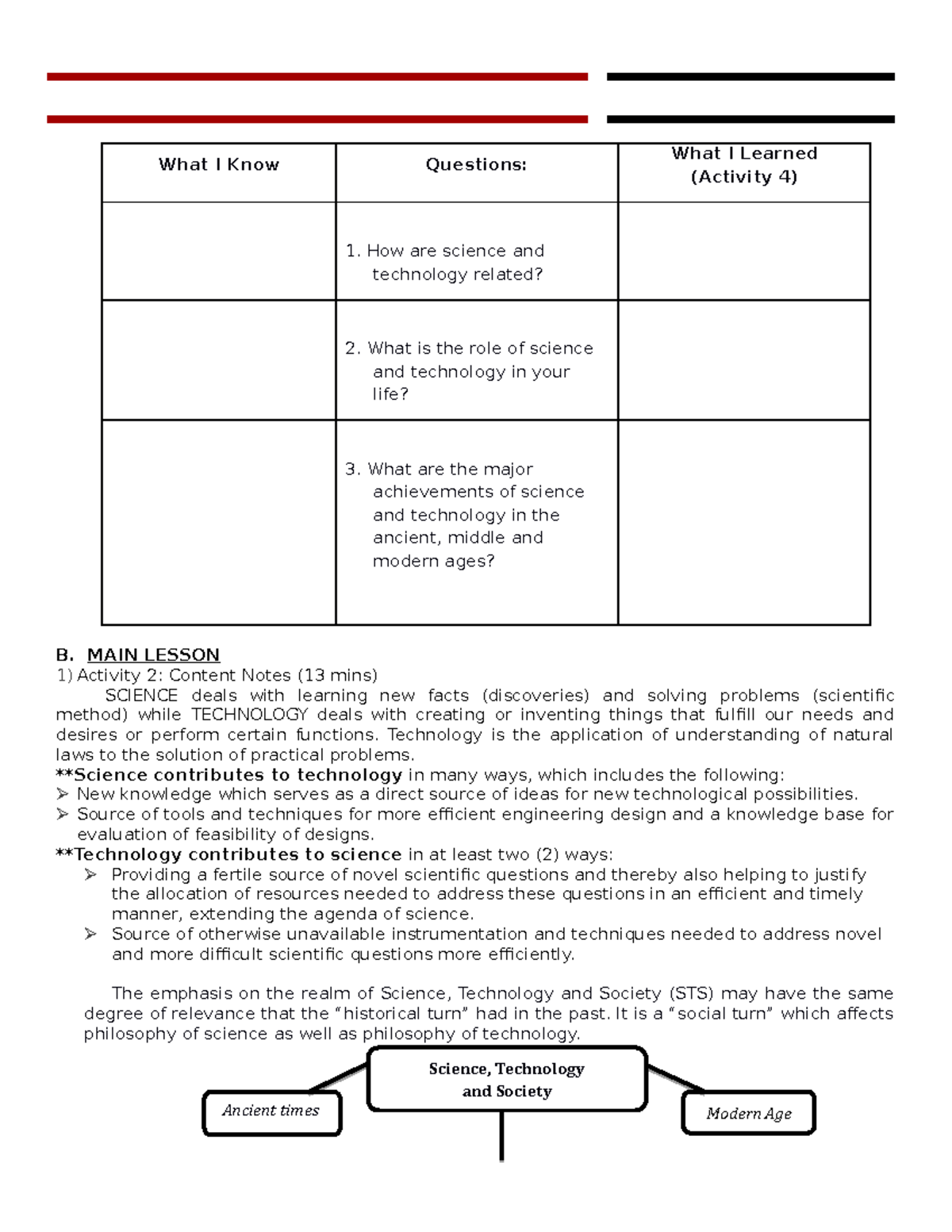 Science and Technology Course 1 - What I Know Questions: What I Learned ...