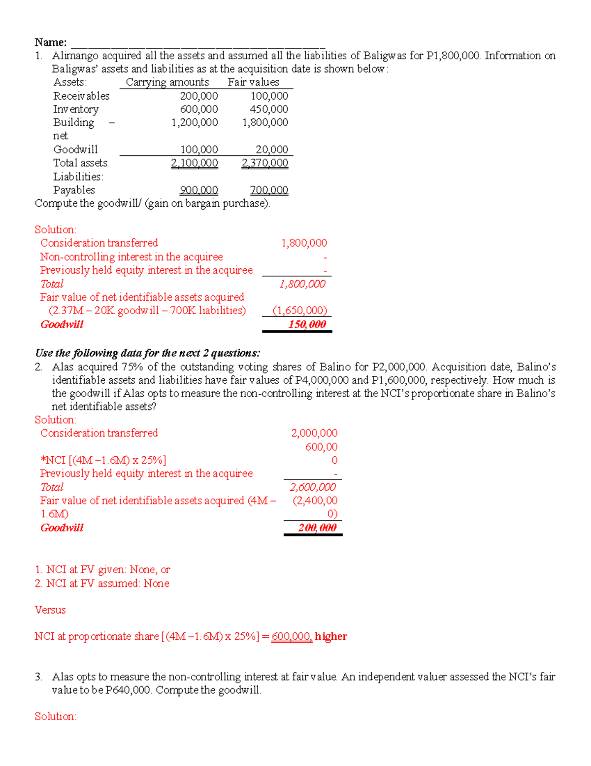Acctg-305 Prelim Quiz 1 Solutions on Goodwill & Bargain Purchases - Studocu