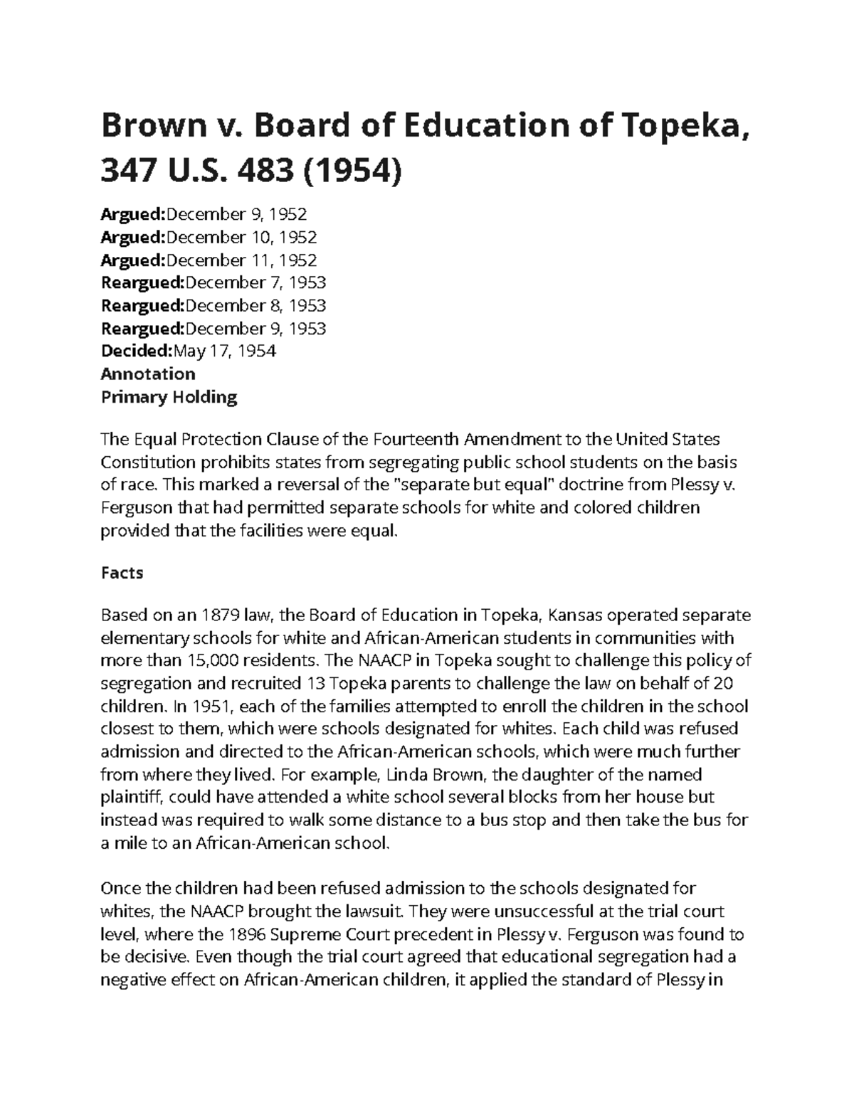 Brown v. Board of Education (1954) Case Analysis and Commentary - Studocu