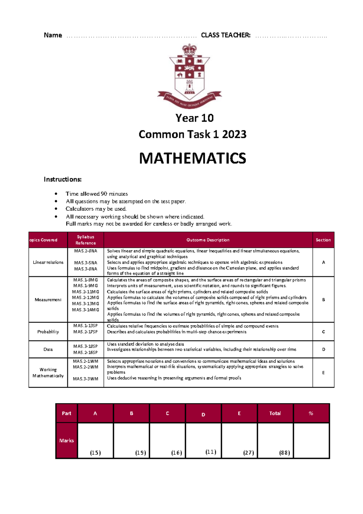 Year 10 Math Semester 1 Common Test 2023 - Final Assessment - Studocu