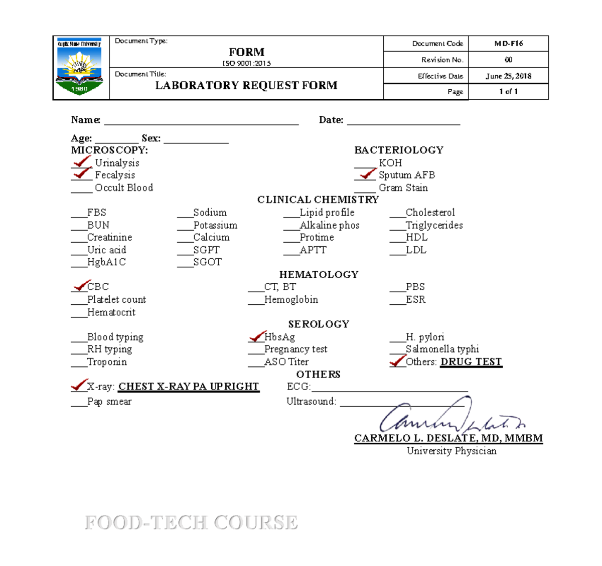 Foodtech Laboratory Request - Document Type: FORM ISO 9001: Document ...