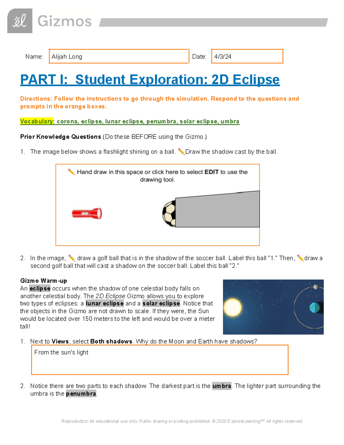 Solar Eclipse Study Guide: 2D & 3D Gizmo Exploration (Course Code ...
