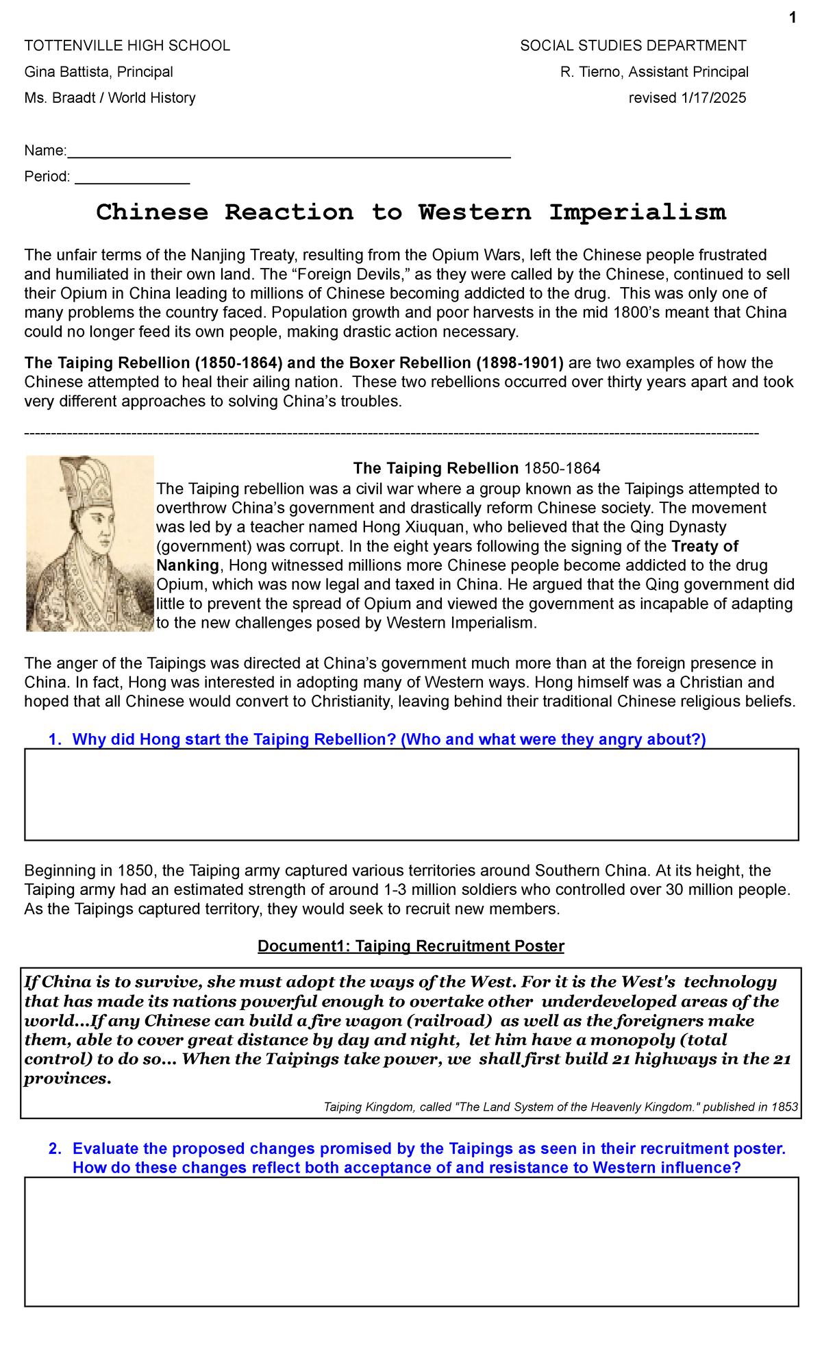 Chinese Imperialism Responses: Taiping & Boxer Rebellions Study Outline ...