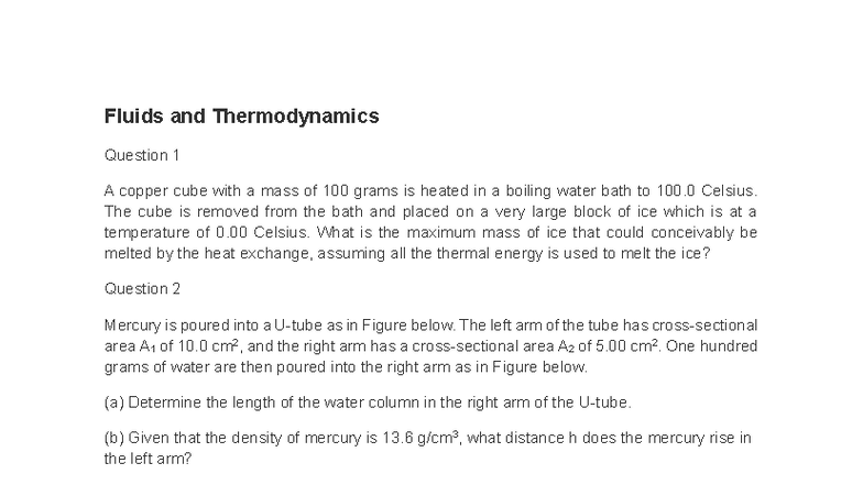 Fluids and Thermodynamics: Problem Set and Solutions (Course Code ...