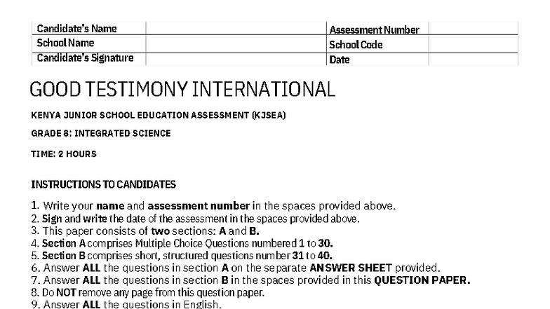 Grade 8 Integrated Science Exam (KJSEA) - 2025 - Studocu