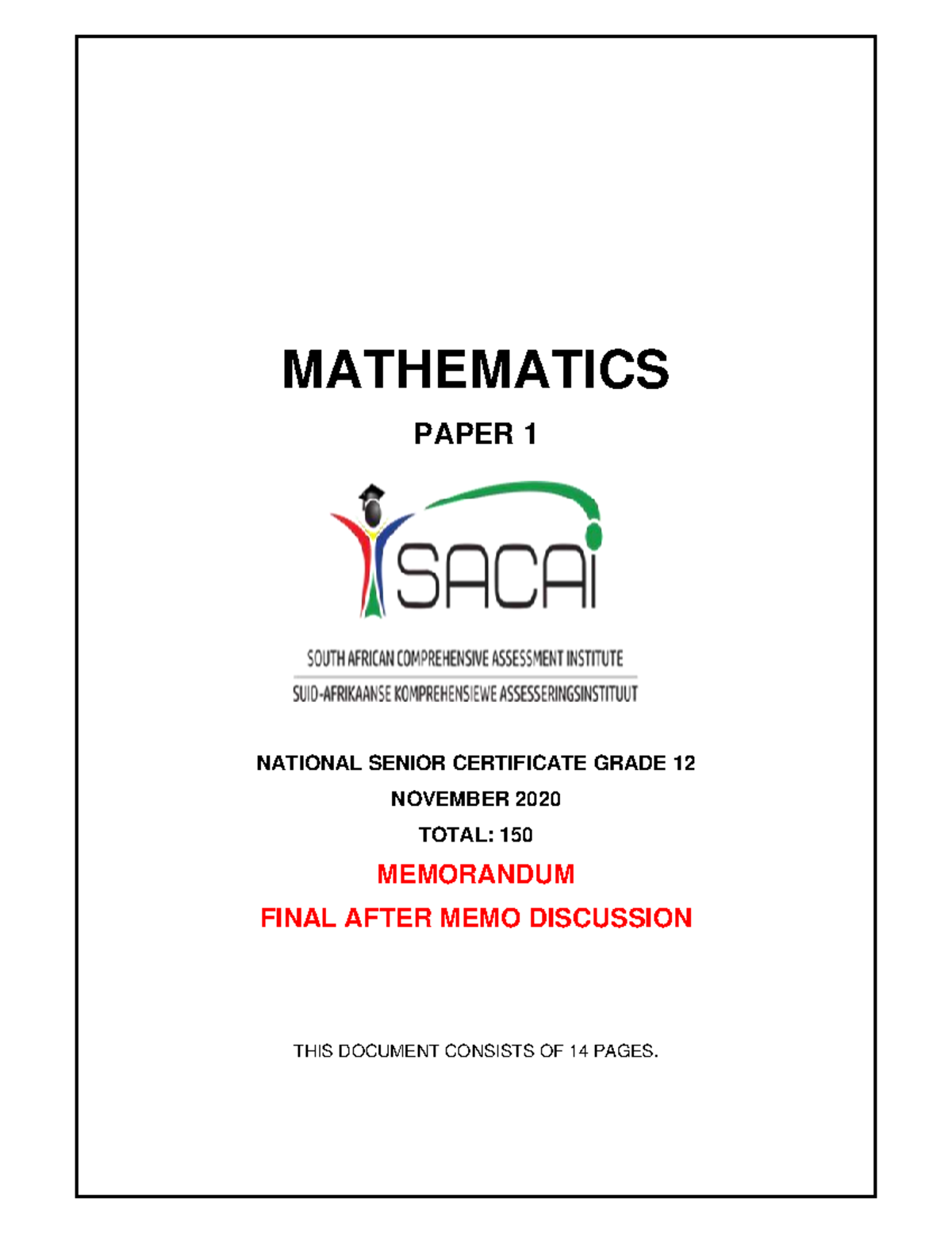 NSC NOVEMBER 2020 GRADE 12 MATHEMATICS P1 MEMORANDUM - Studocu