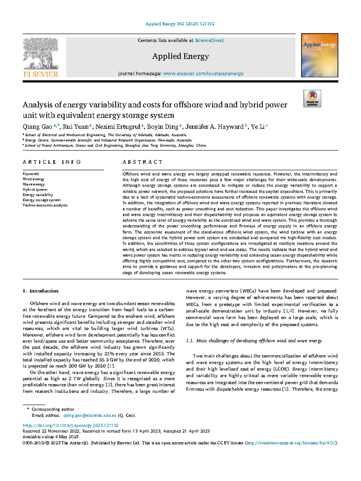 Analysis of Energy Variability and Costs for Offshore Wind and Hybrid ...