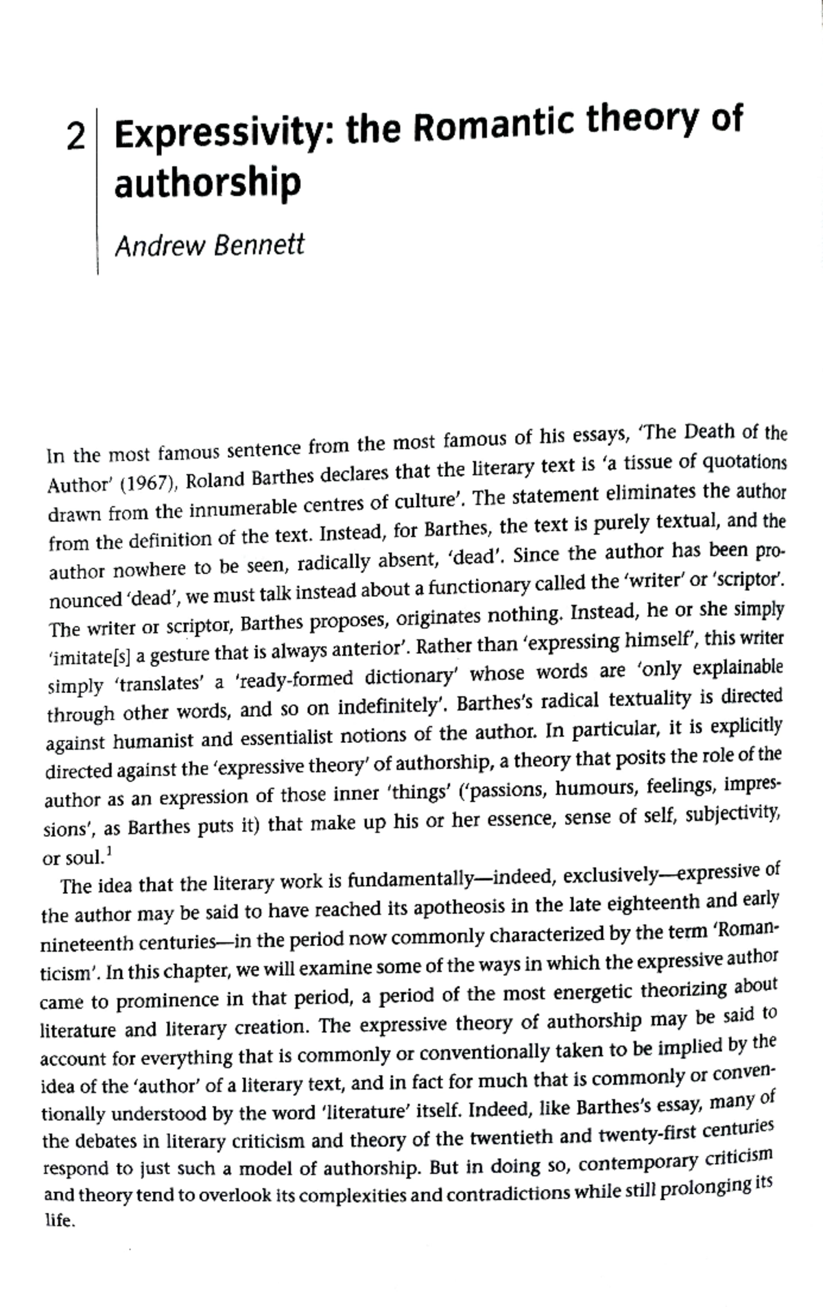 Romantic Theory of Authorship: An Analysis by Andrew Bennett - Studocu