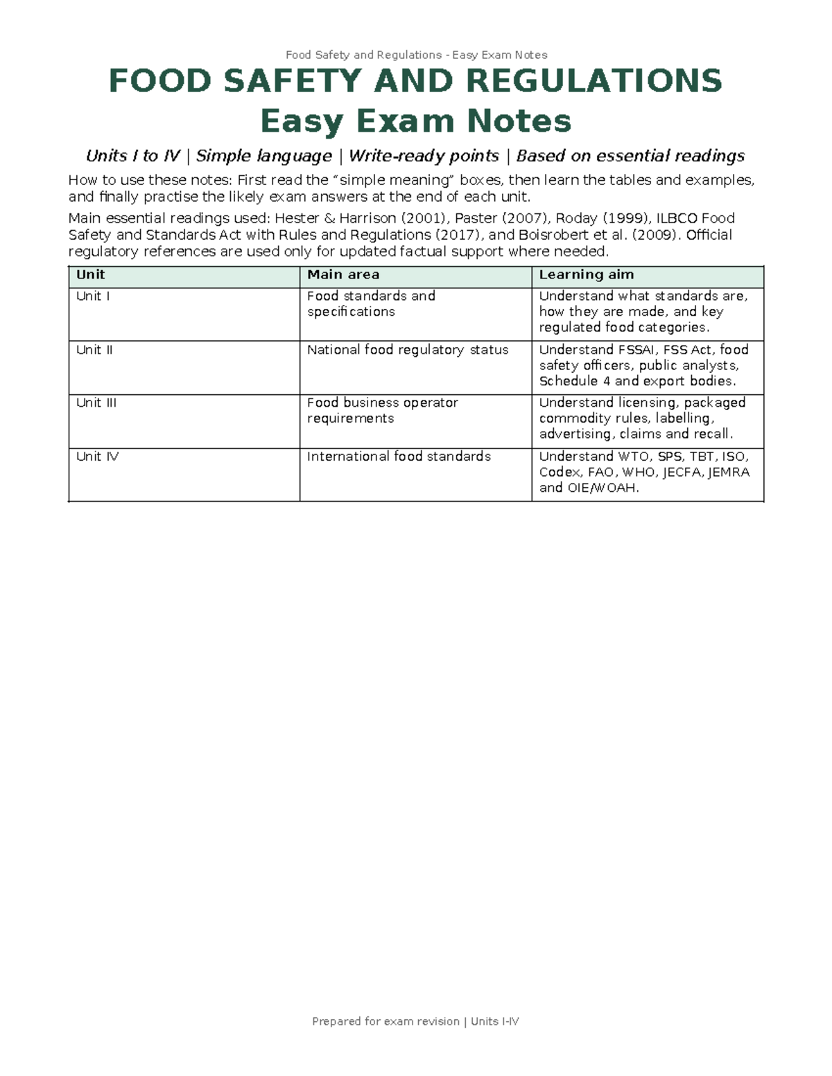 Food Safety and Regulations Easy Exam Notes - Units I to IV - Studocu