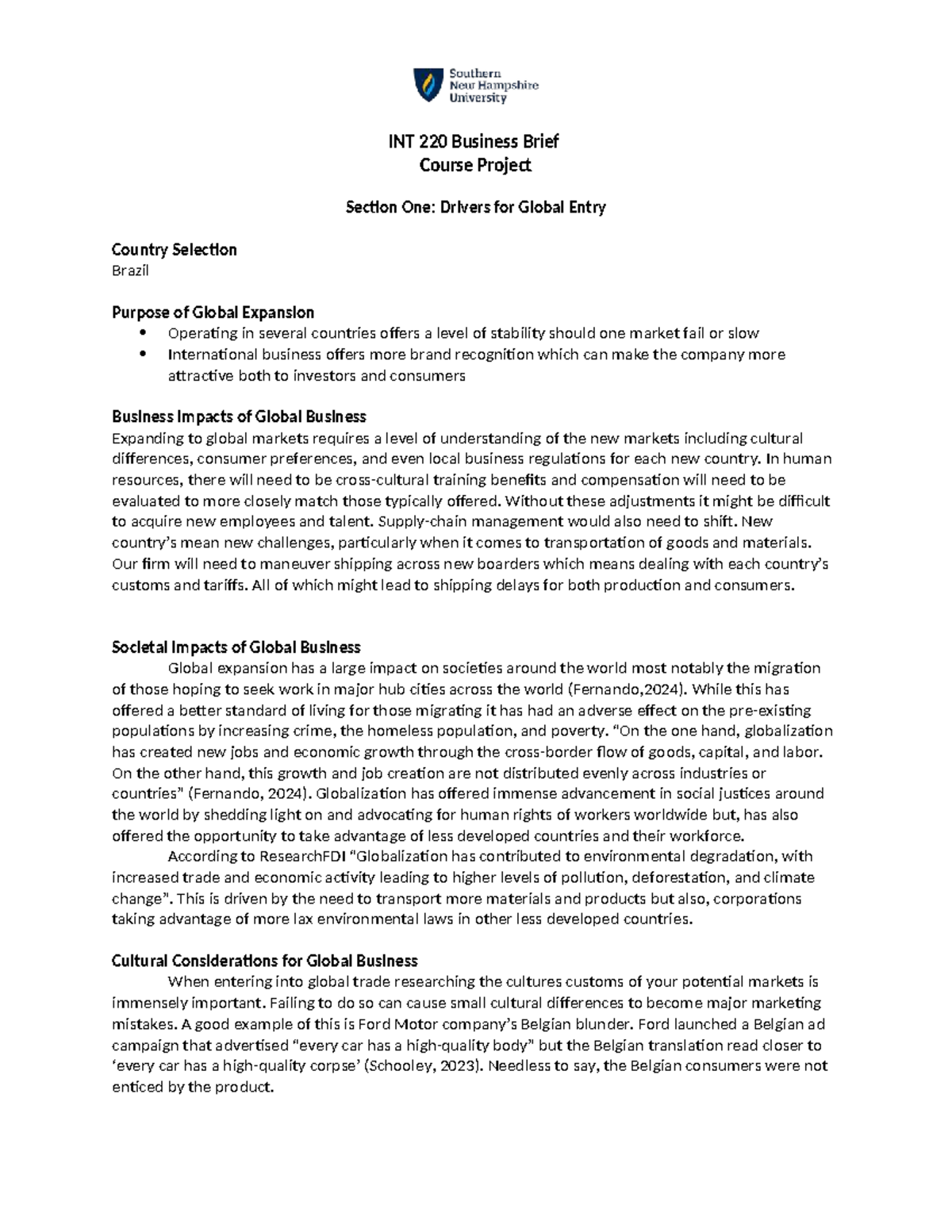 Moduel 2 INT 220 Business Brief - INT 220 Business Brief Course Project ...