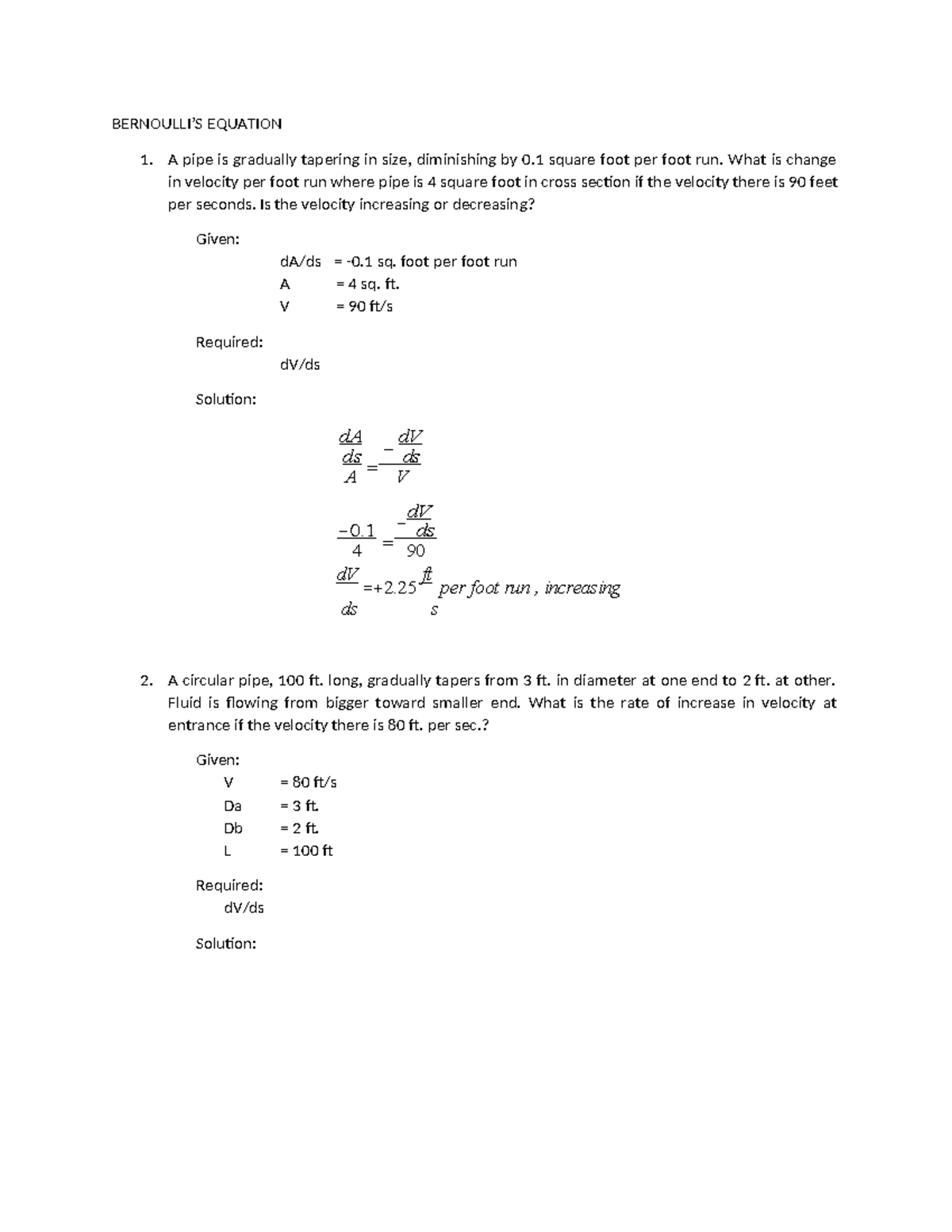 Fluid Dynamics Practice Problems - Course Code: BRAD 101 - Studocu