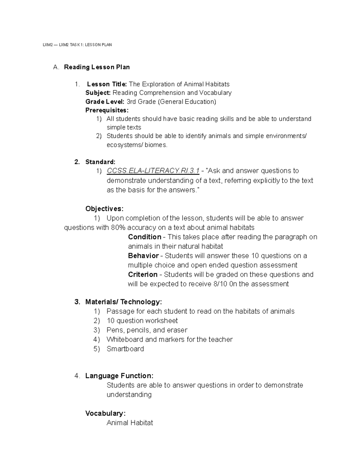 LXM2 TASK 1 - passed - LXM2 — LXM2 TASK 1: LESSON PLAN A. Reading Lesson Plan Lesson Title: The ...