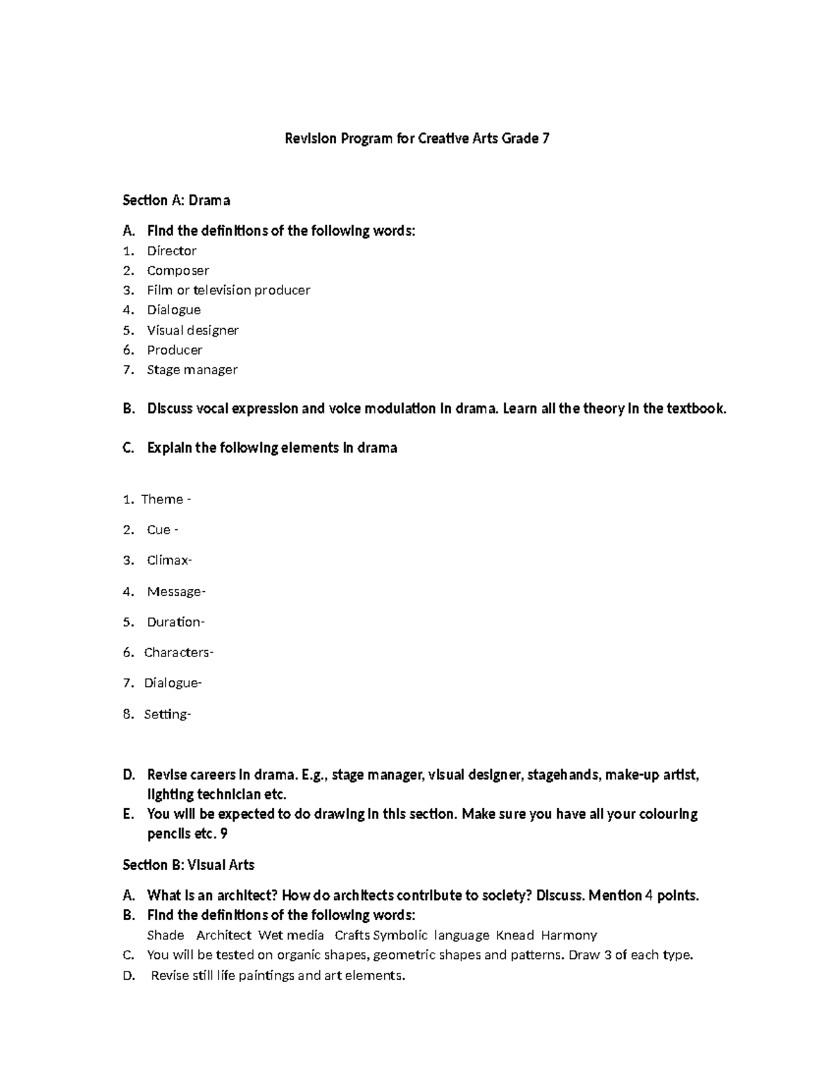 Revision Program for Creative Arts Grade 7: Drama & Visual Arts - Studocu