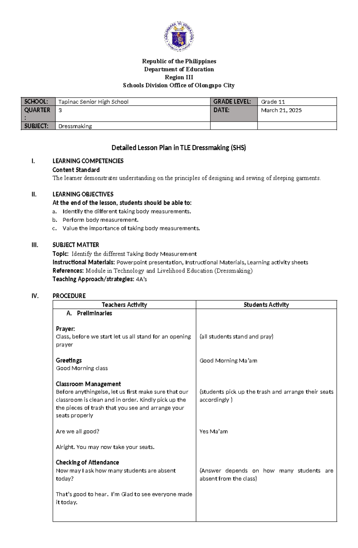 Grade 11 TLE Dressmaking Detailed Lesson Plan: Body Measurements - Studocu