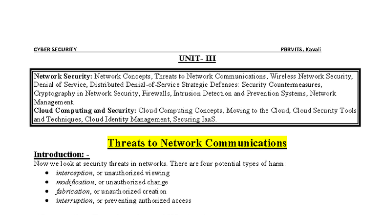 CS UNIT-3 Notes: Network Security Concepts and Threats Analysis - Studocu