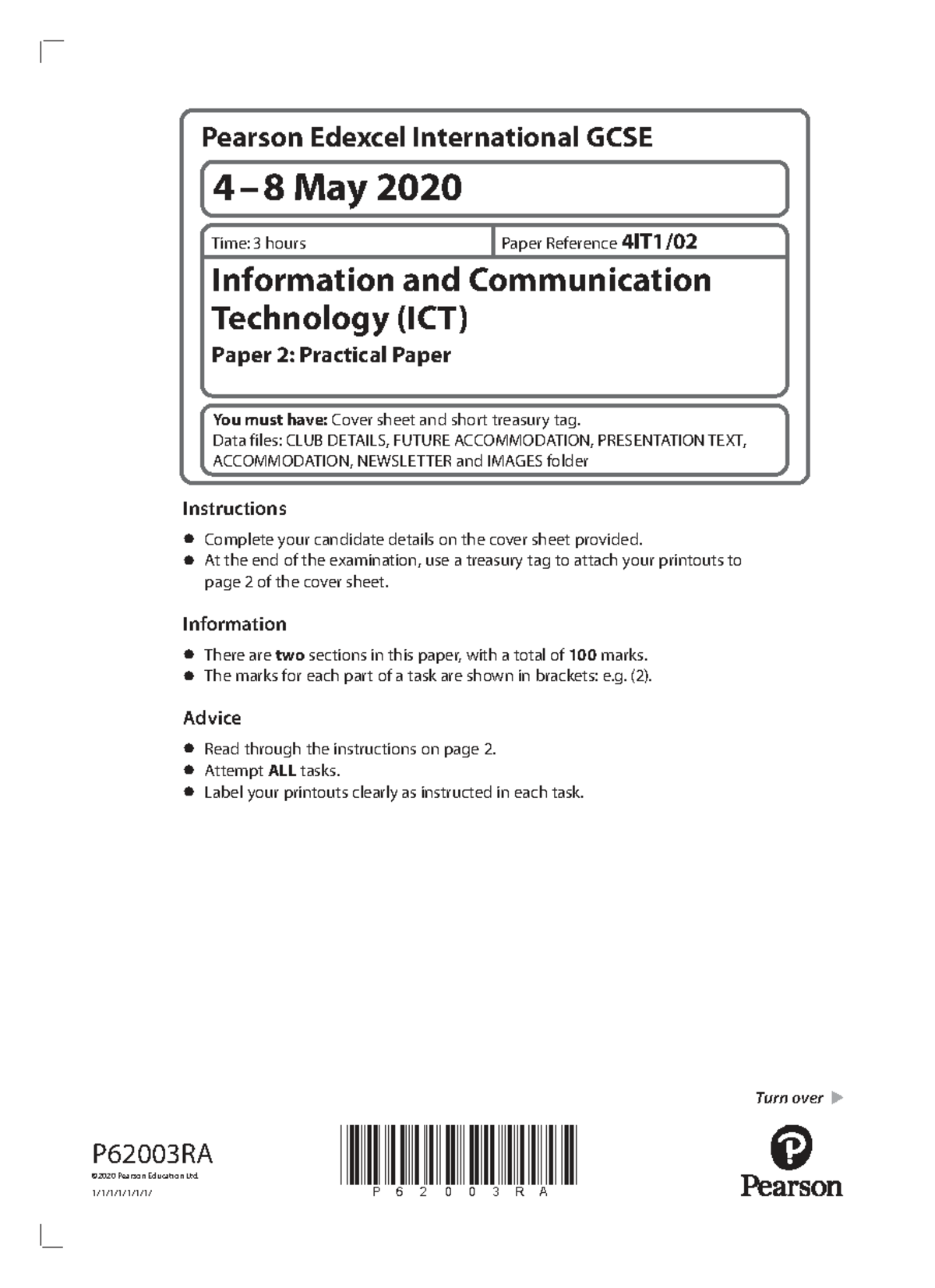 QP - Paper 2 - Edexcel International GCSE ICT Practical Exam - Studocu