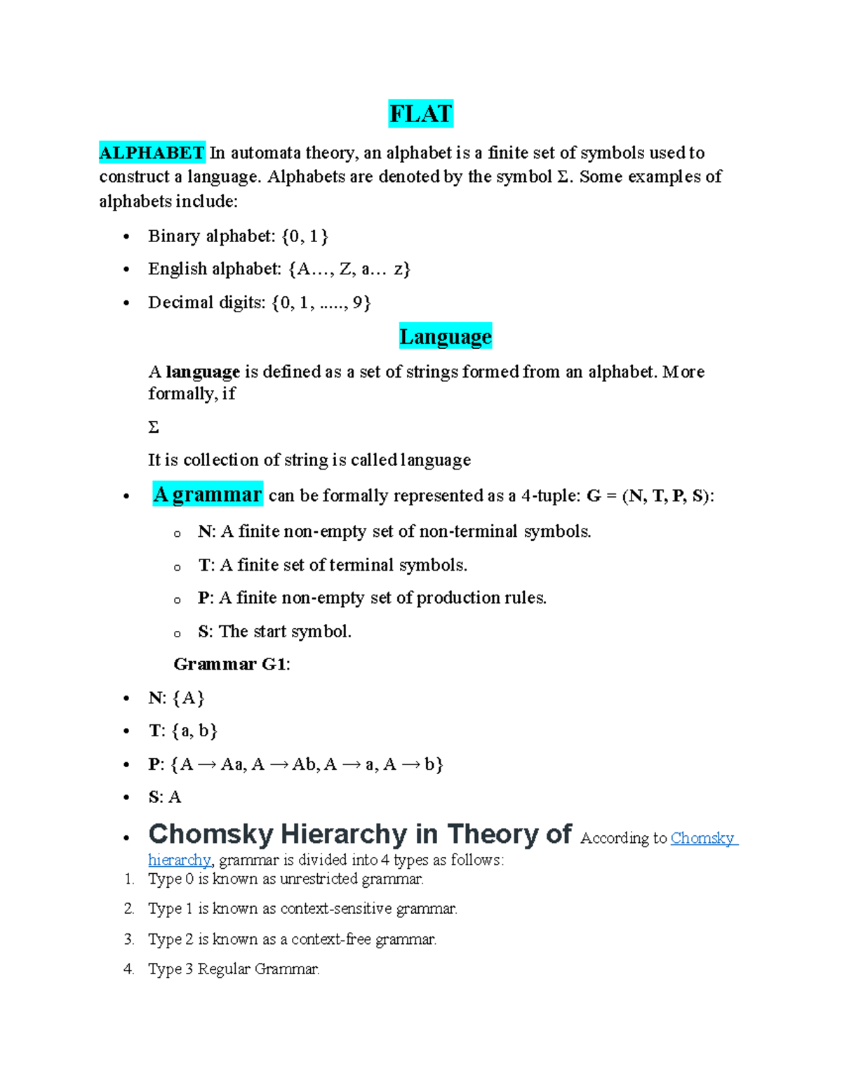 FLAT - flat notes - FLAT ALPHABET In automata theory, an alphabet is a ...