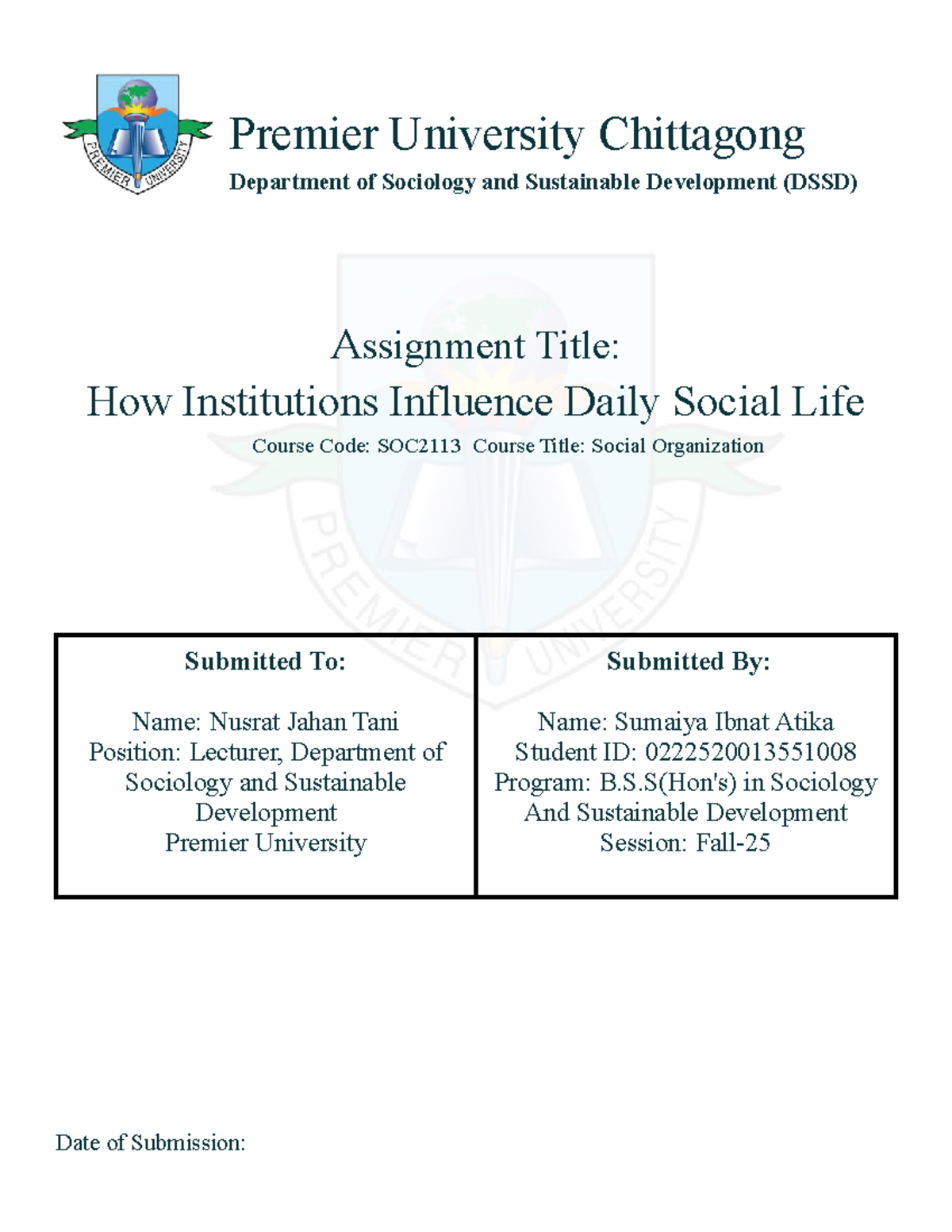 SOC2113 Assignment: The Role of Institutions in Daily Social Life - Studocu