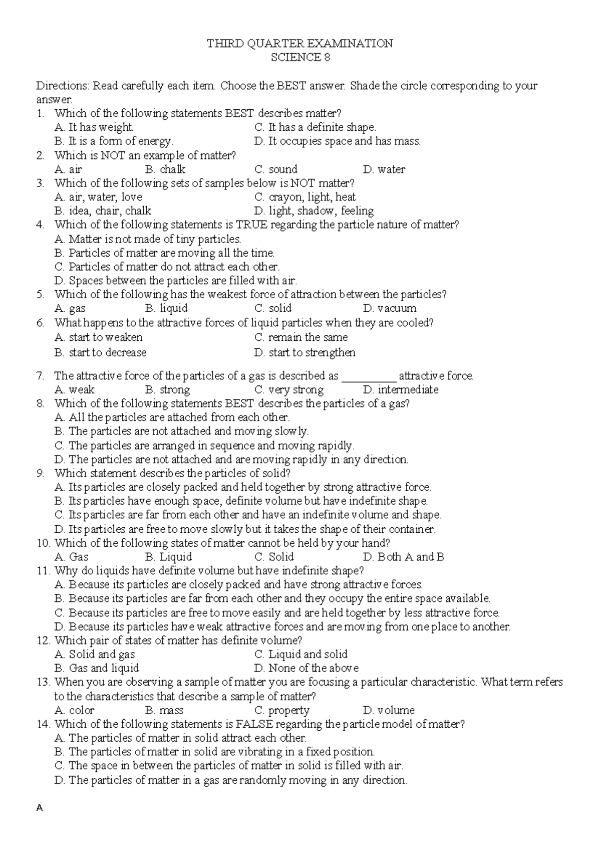 3rd quarter sci 8 - THIRD QUARTER EXAMINATION SCIENCE 8 Directions ...