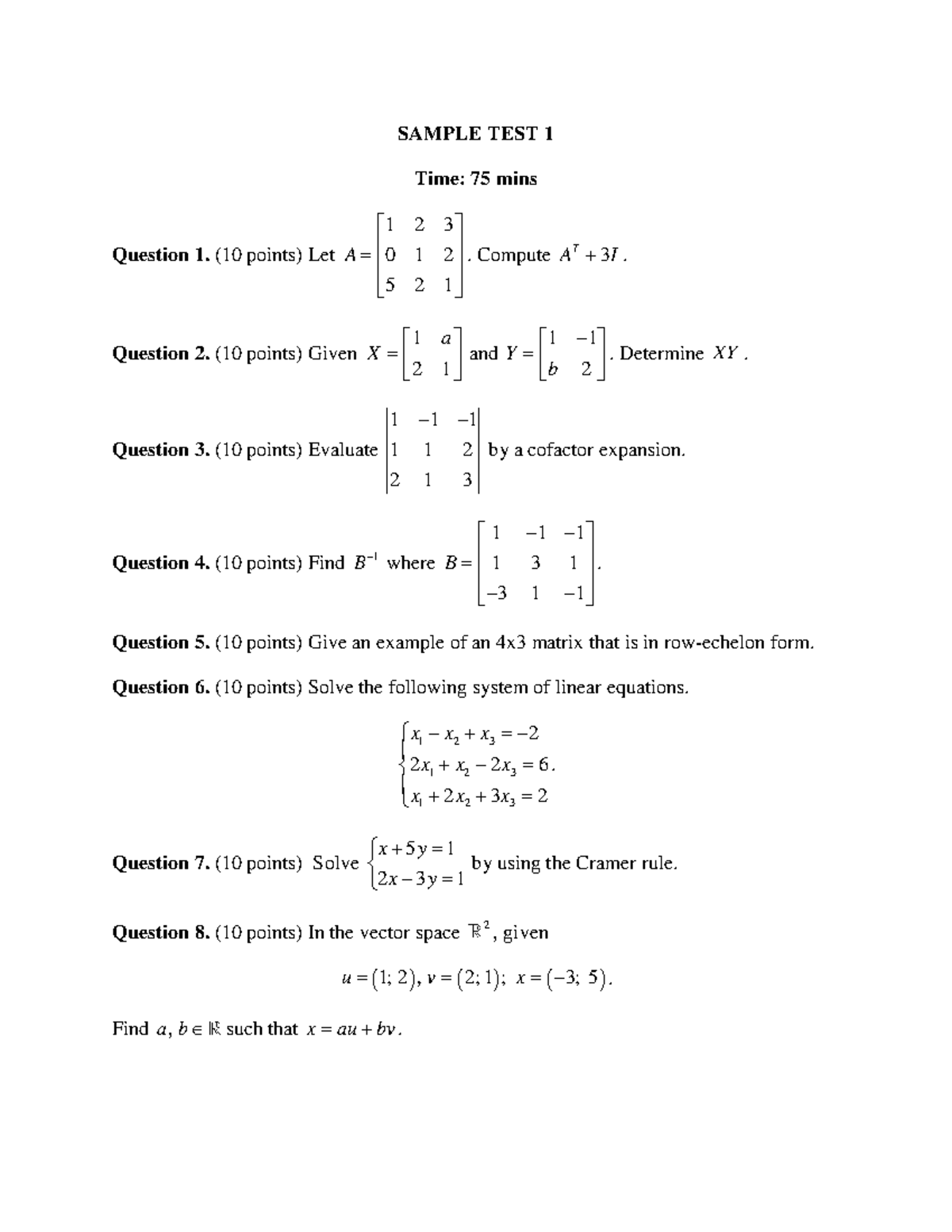 Sample TEST Maths 1 - Đề toán - SAMPLE TEST 1 Time: 75 mins Question 1 ...