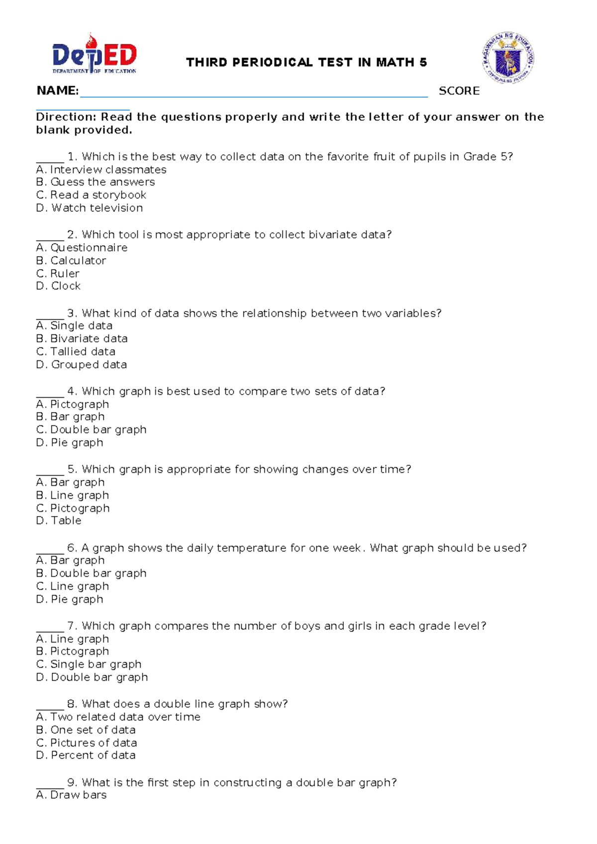 Third Periodical Test in Math 5: Data Collection & Graphing - Studocu