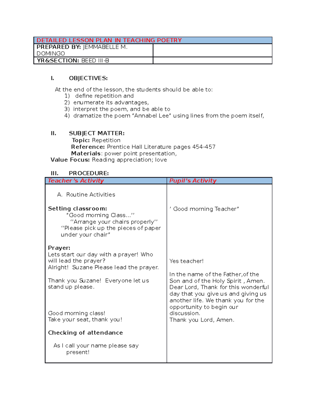 Detailed Lesson Plan for Teaching Poetry (BEED III-B) - Studocu