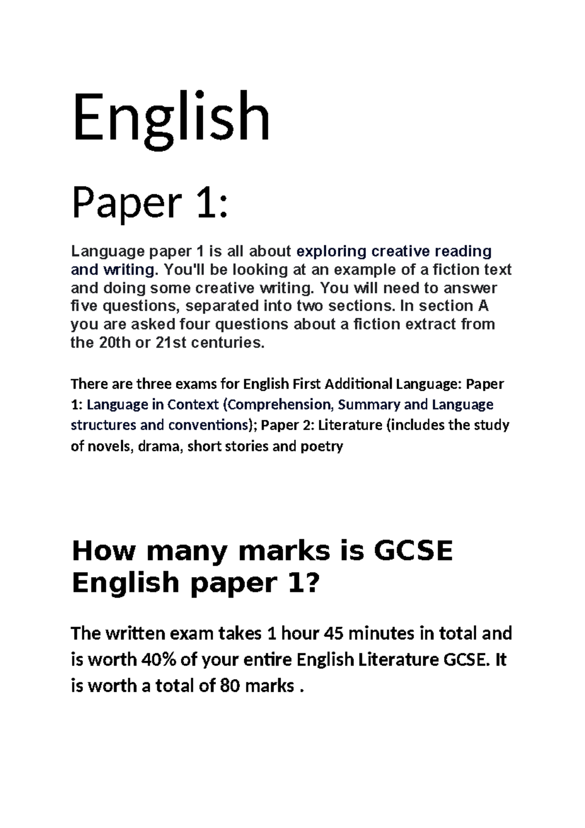English Paper 1: Creative Reading & Writing Overview - Studocu