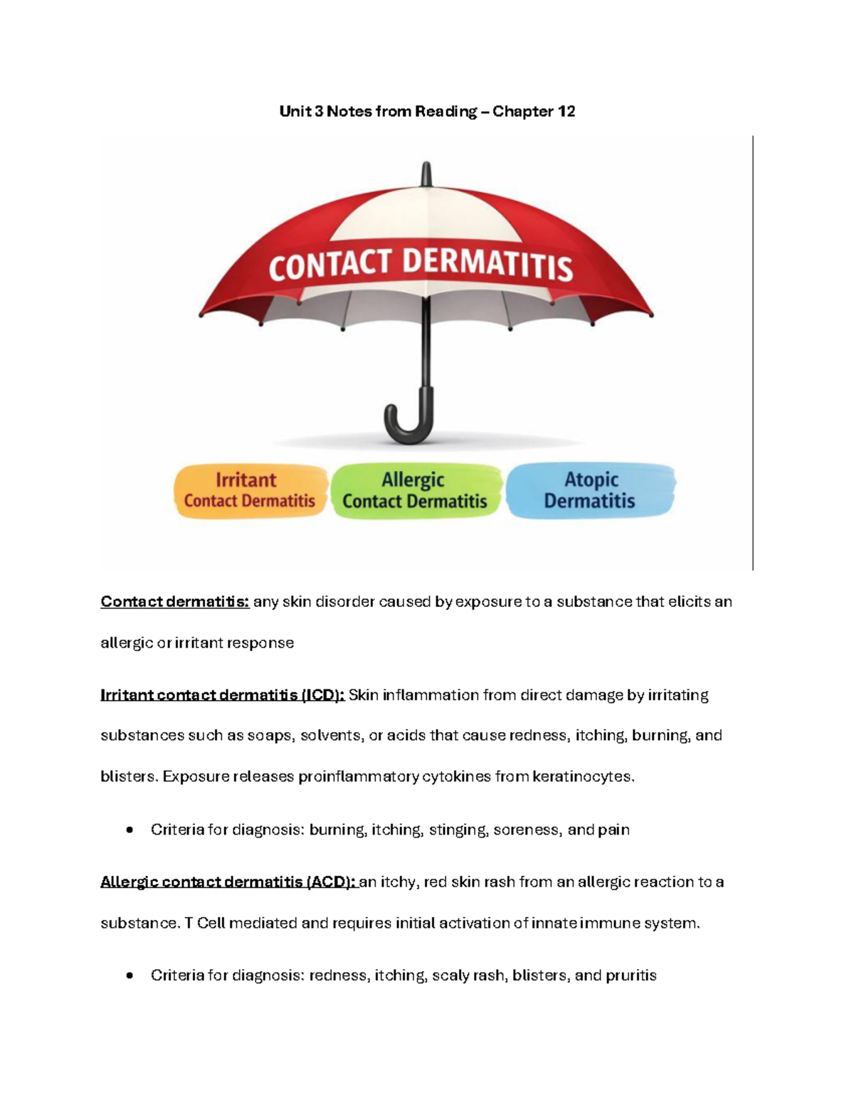 Ch 12 Notes: Contact Dermatitis & Atopic Dermatitis Overview - Studocu