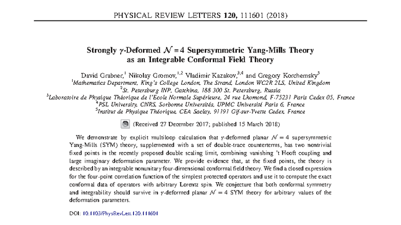 PHYS REV LETT 120, (2018) Integrable N=4 Supersymmetric Theory Analysis - Studocu