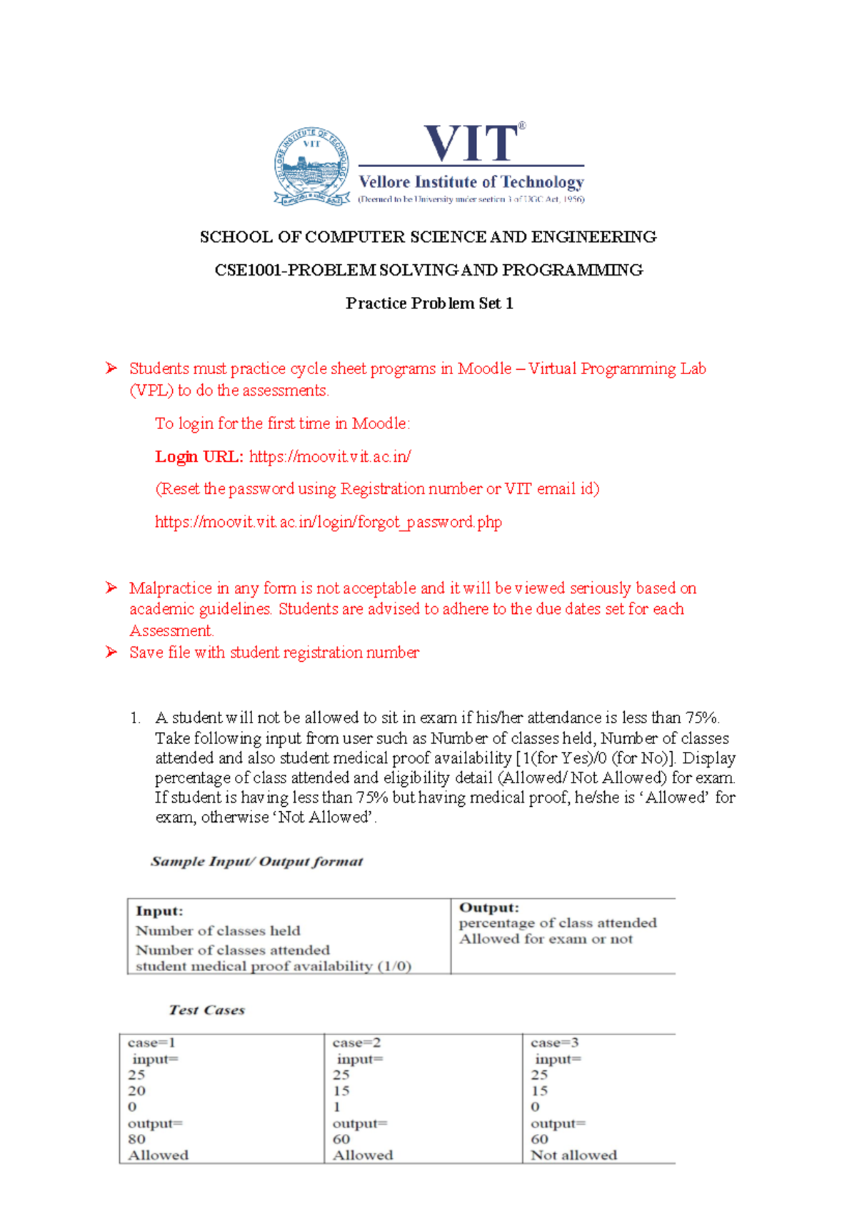 Da for problem solving - jhgv - SCHOOL OF COMPUTER SCIENCE AND ENGINEERING CSE1001-PROBLEM ...