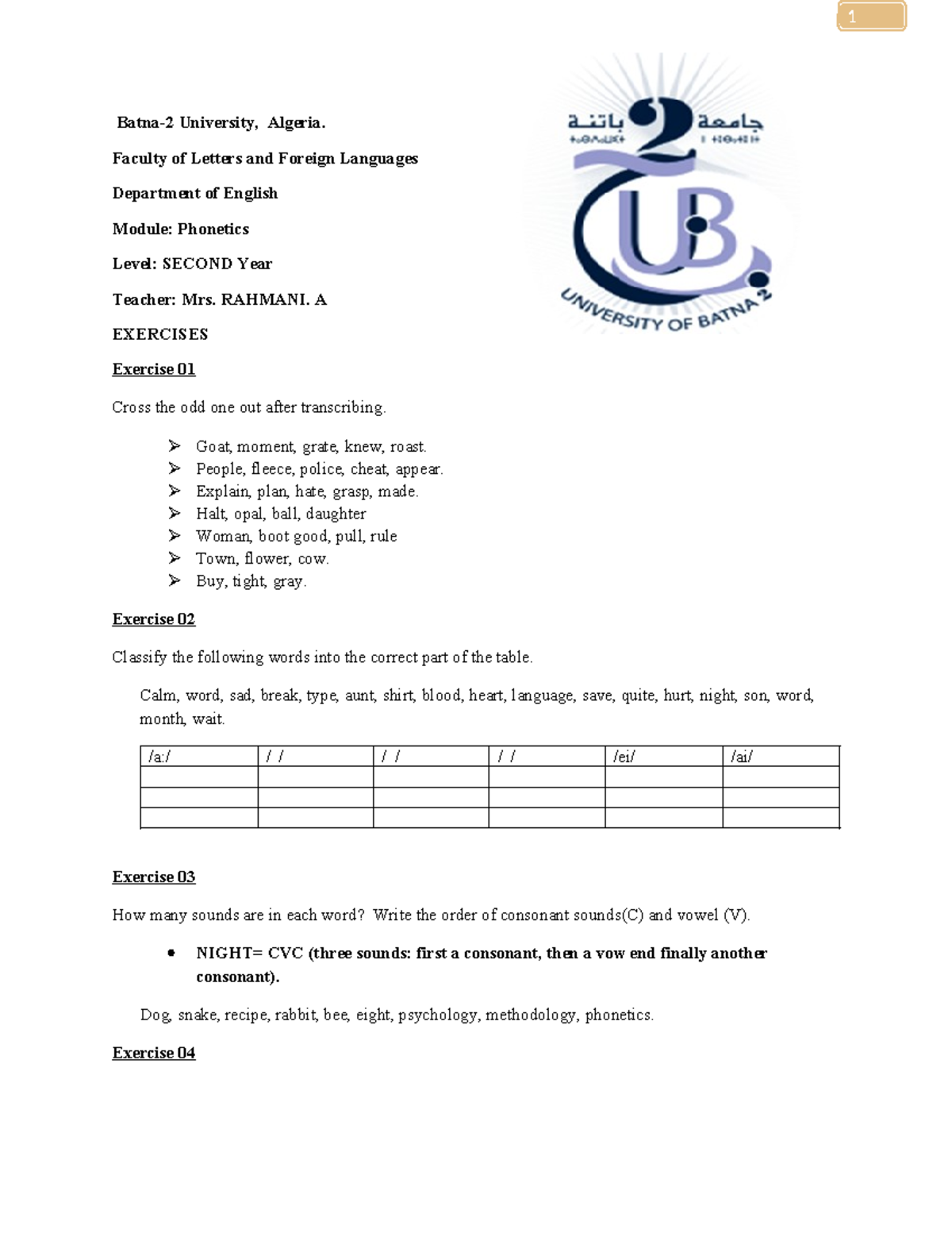 Exercises phonetics - good - Batna-2 University, Algeria. Faculty of ...