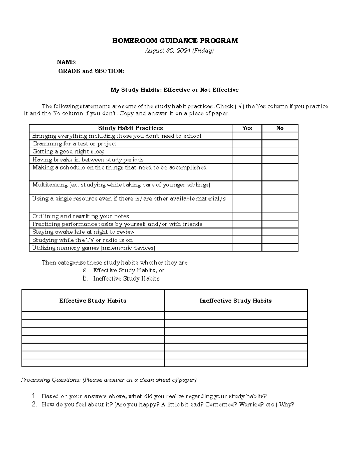 **HOMEROOM GUIDANCE: My Study Habits Evaluation & Reflection** - Studocu