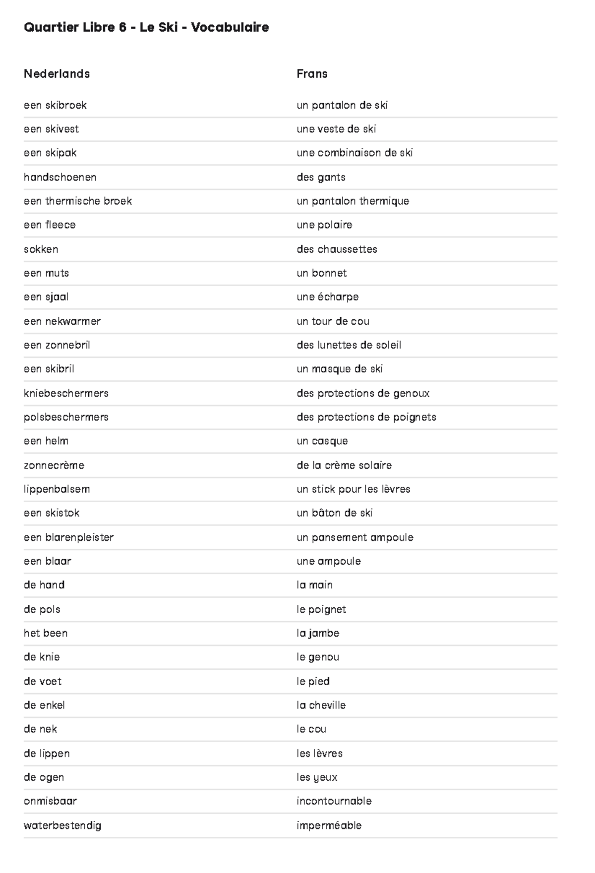 Quartier Libre 6 - Le Ski - Vocabulaire en Français et Nederlands - Studocu