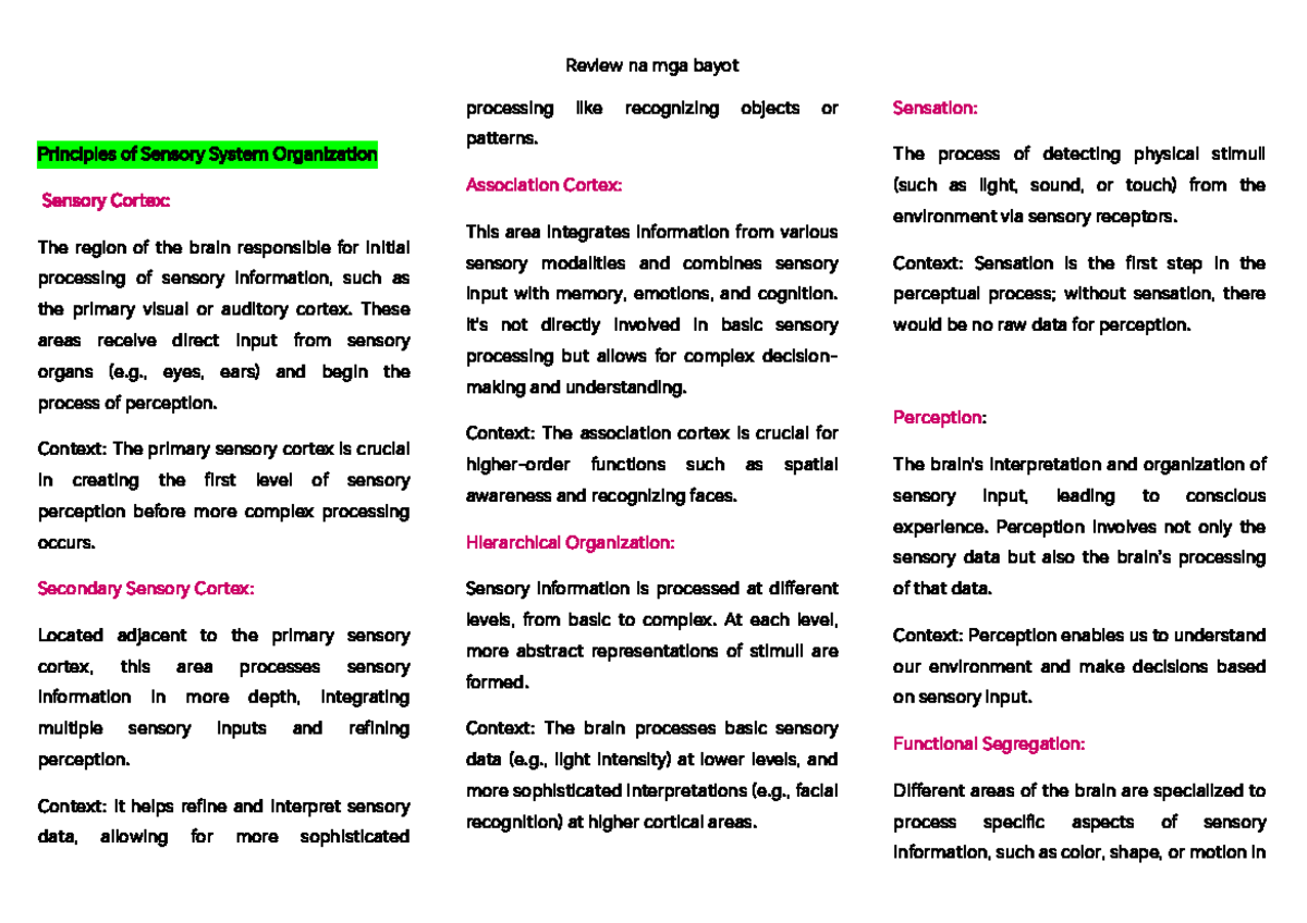BIO-CHAP 7 - Sensory System Overview and Key Concepts - Studocu