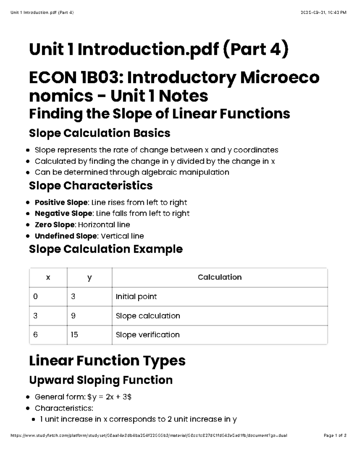 ECON 1B03: Unit 1 Notes on Slope of Linear Functions - Studocu