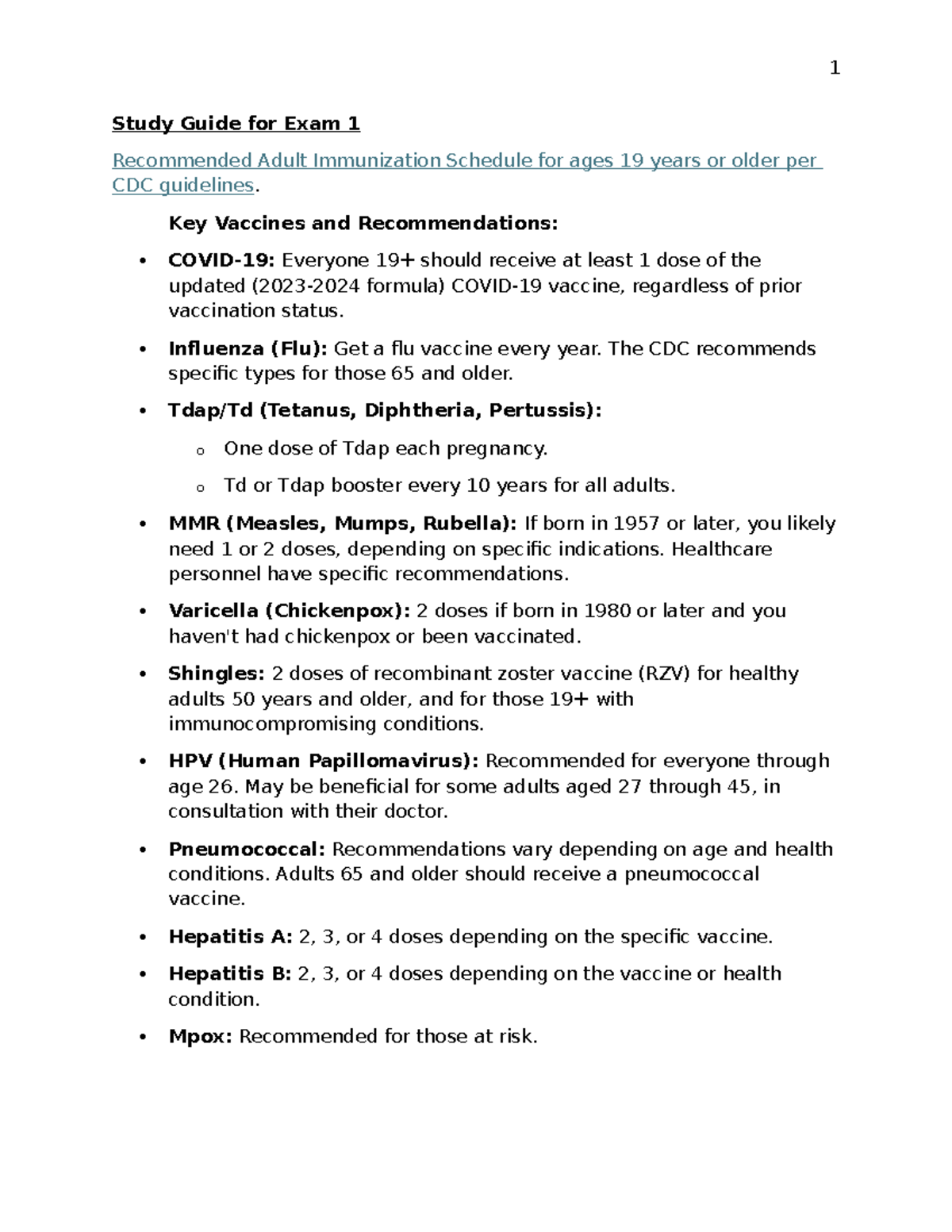 Exam 1 study guide - Study Guide for Exam 1 Recommended Adult ...