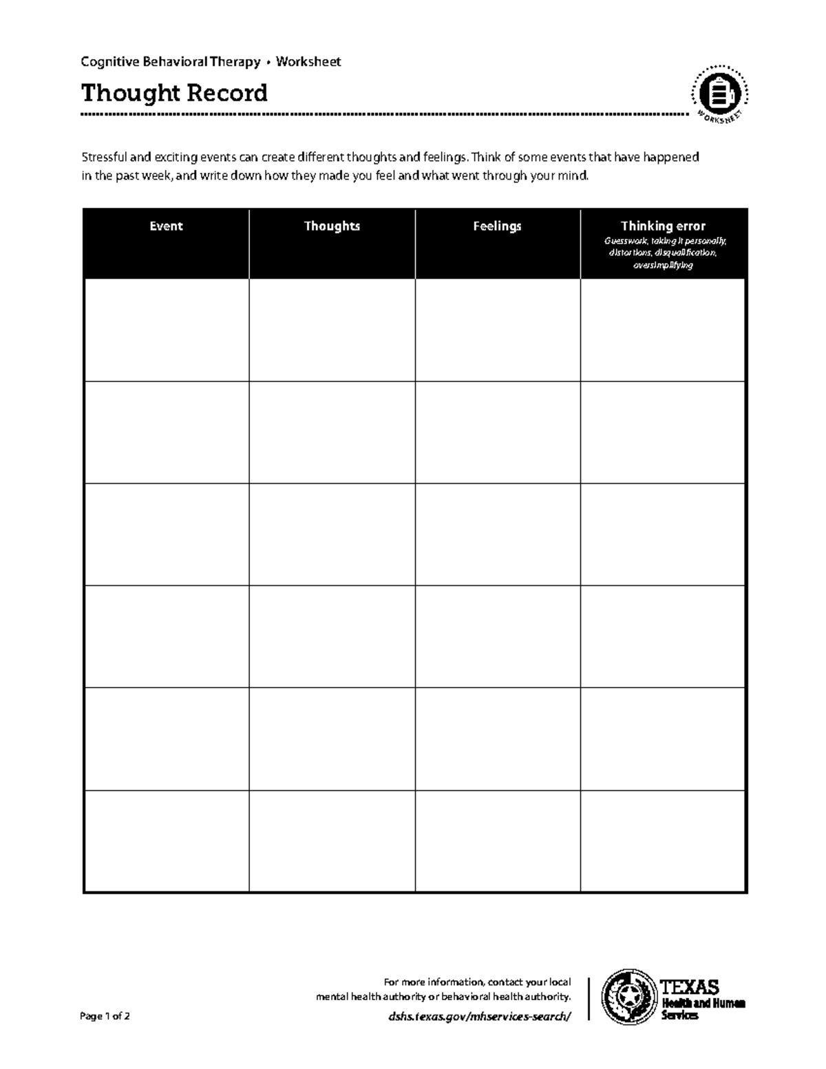 Cognitive Behavioral Therapy Worksheet: Thought Record (KSHE) - Studocu