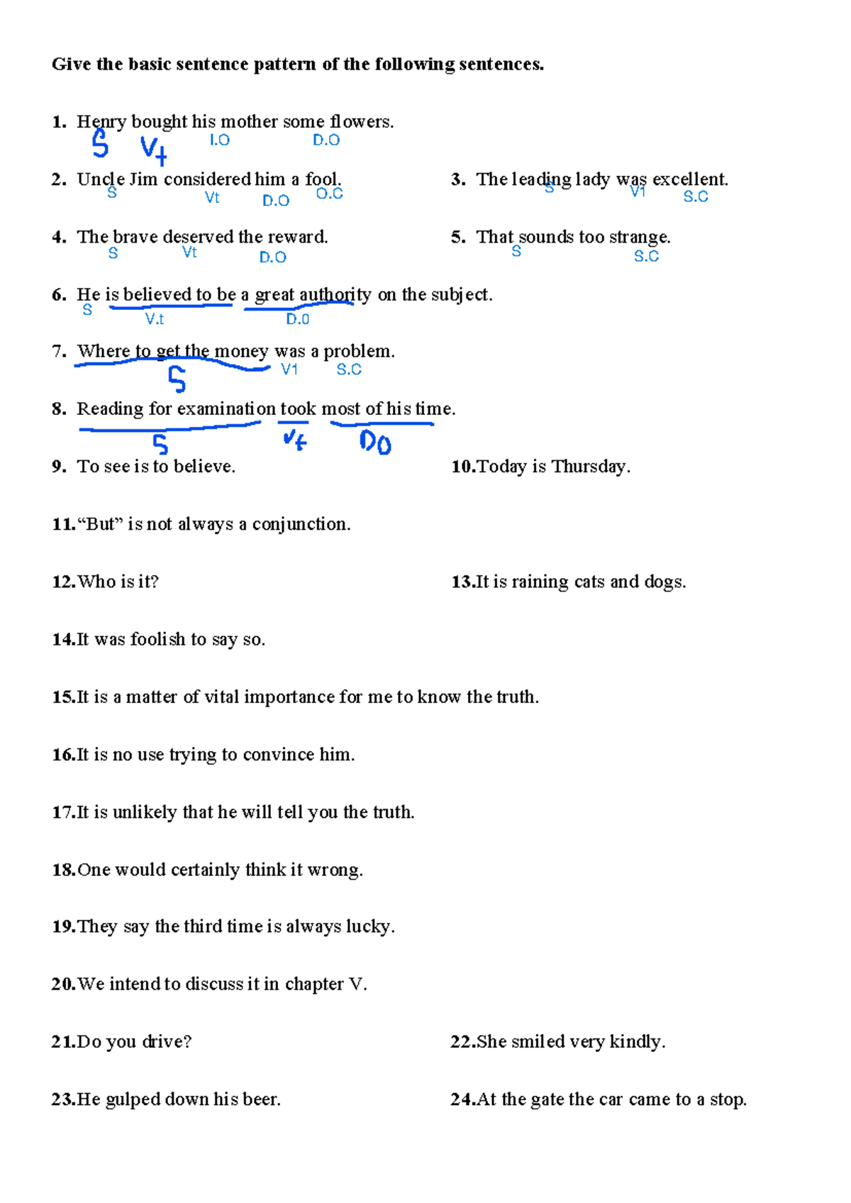 The Sentence - Exercises: Basic Patterns Explained - Studocu