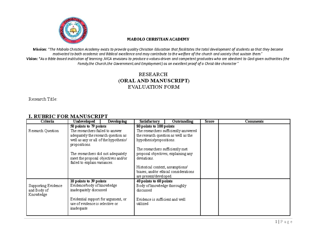 Research Design Hearing Rubric for Manuscript & Oral Defense - Studocu