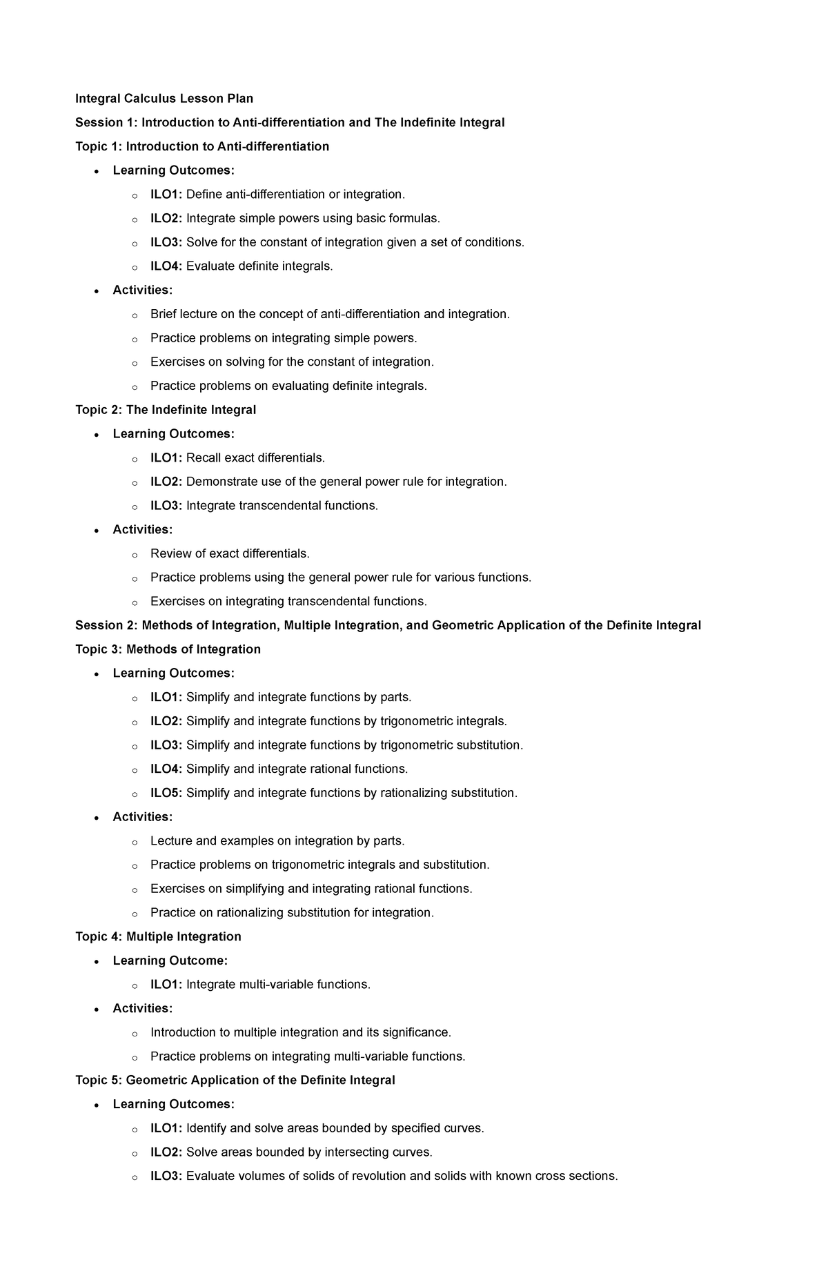 Integral Calculus and Differential Equations Lesson Plan (MATH 101 ...