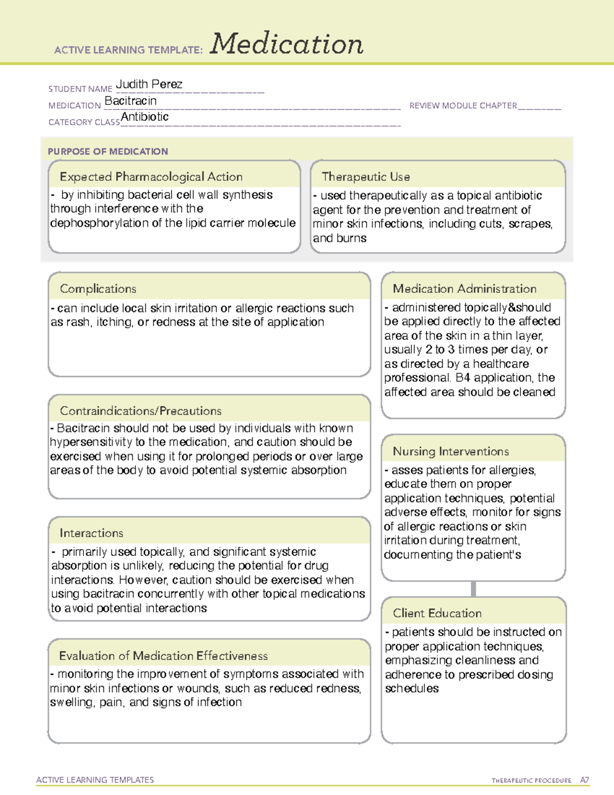 Bacitracin Medication Card - Therapeutic Procedure Template - Studocu