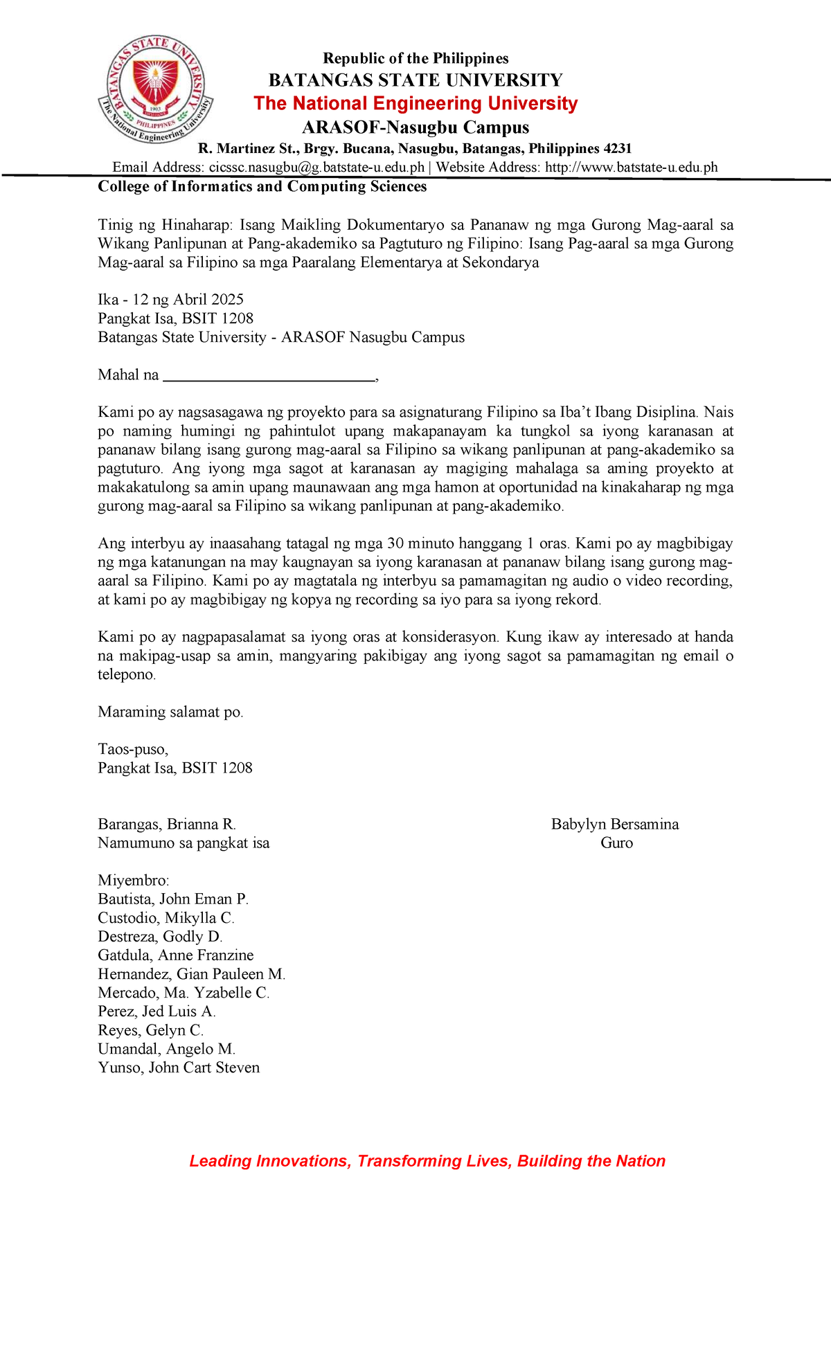 Filipino Teaching Perspectives: Project Proposal for BSIT 1208 - Studocu