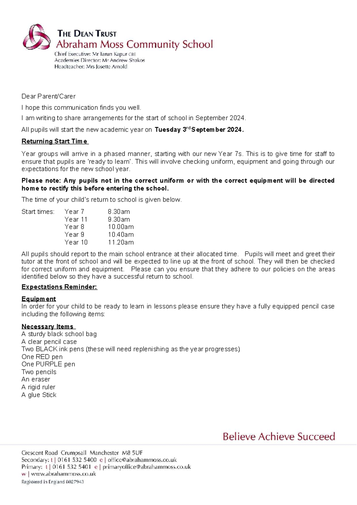 Return to School Arrangements - September 2024 - Studocu