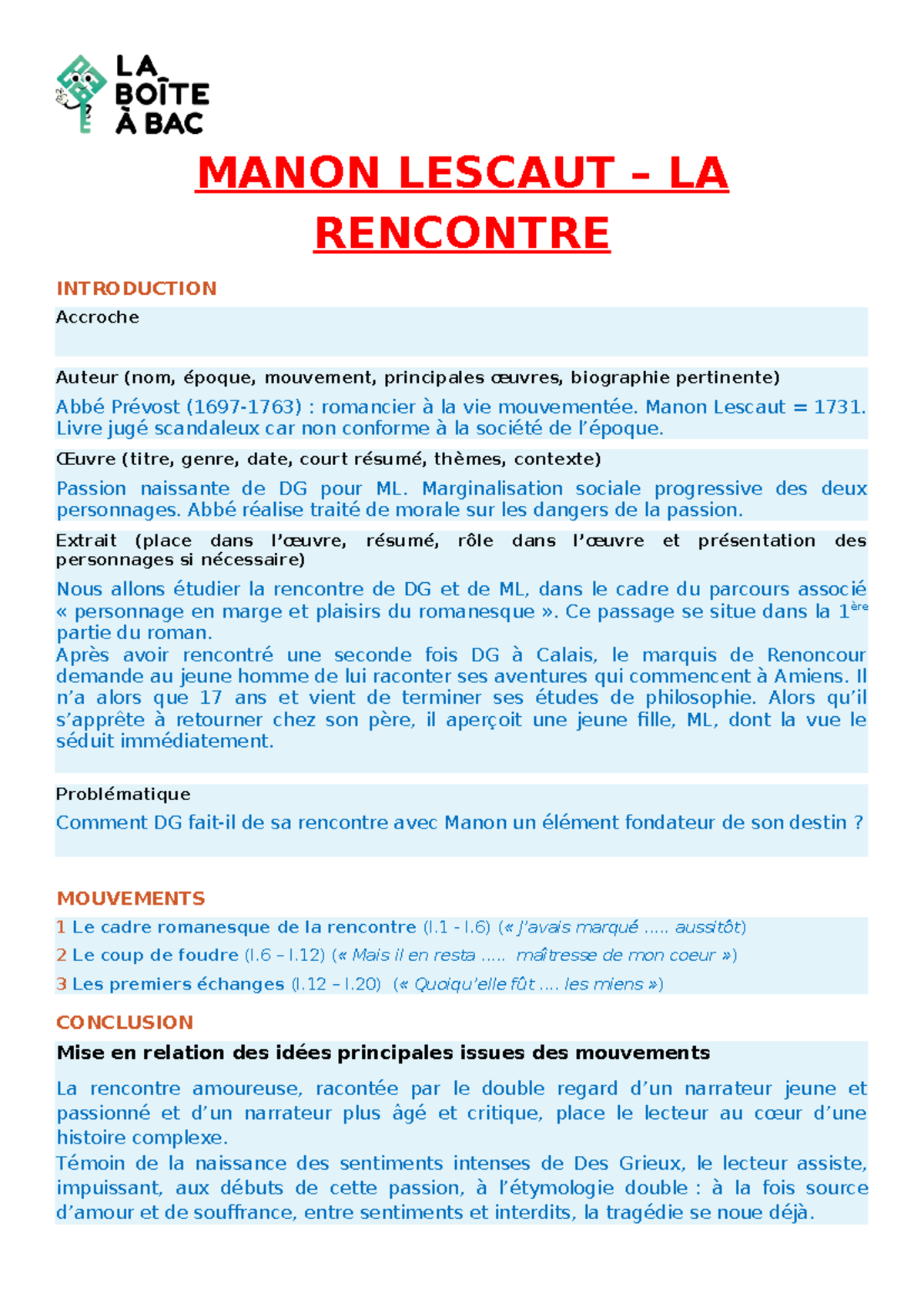 Fiche de Lecture Linéaire - Manon Lescaut - La Rencontre (Analyse ...