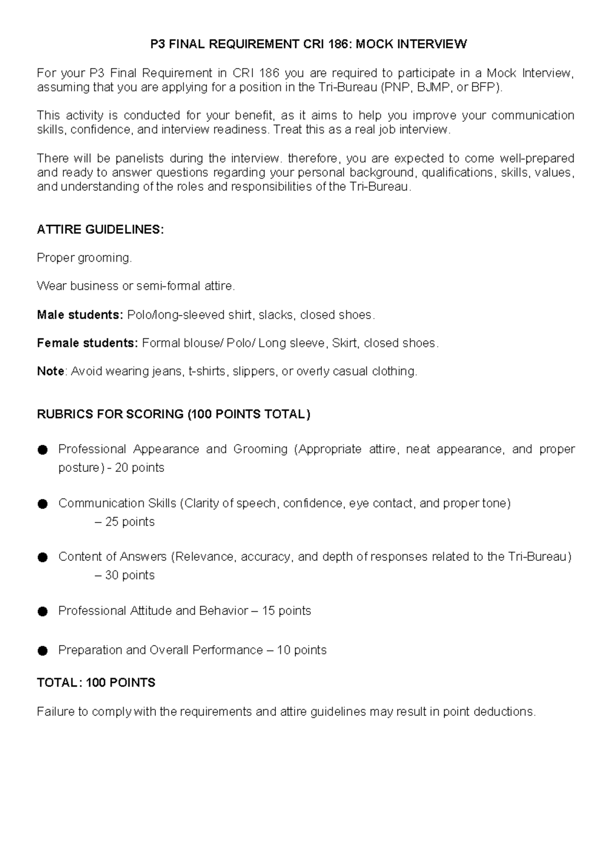 P3 Final Requirement CRI 186: Mock Interview Guidelines and Scoring ...