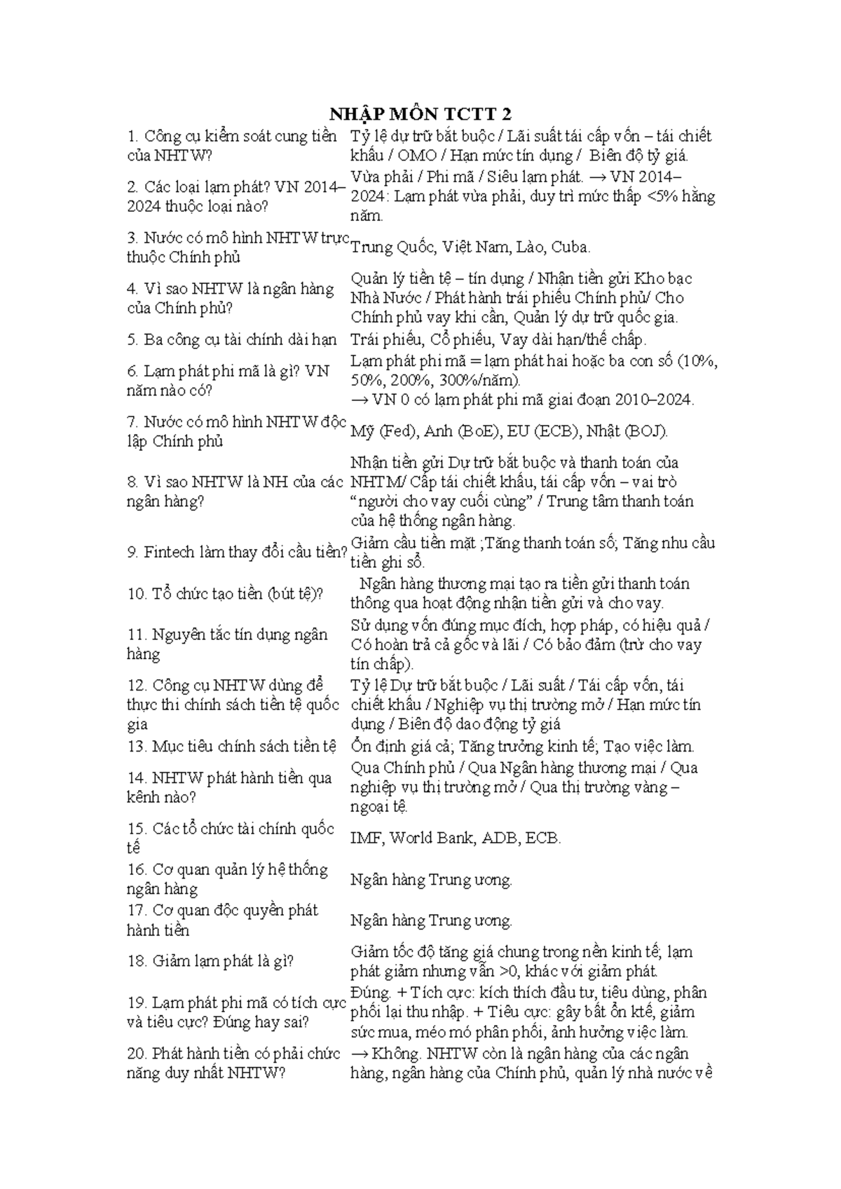 NHẬP MÔN TCTT 2 - Công Cụ Kiểm Soát Tiền Tệ và Lạm Phát - Studocu