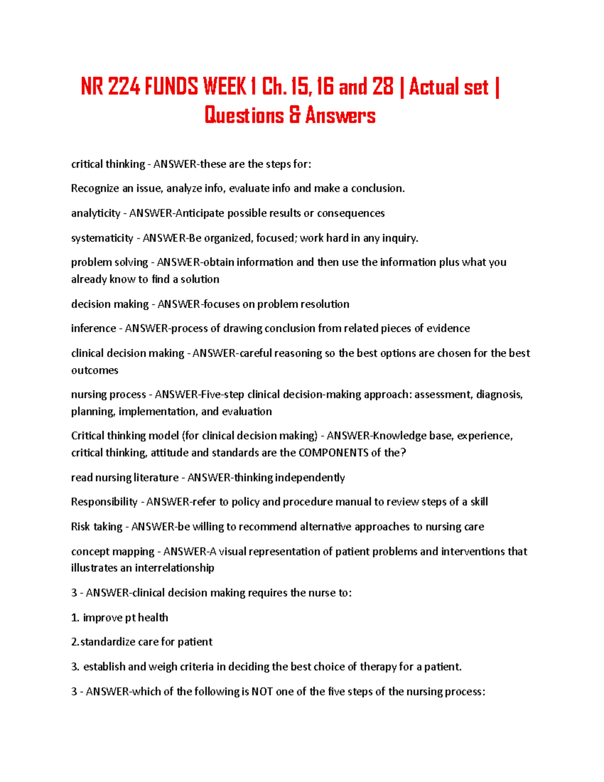 NR 224 Funds WEEK 1: Critical Thinking & Nursing Process Insights - Studocu