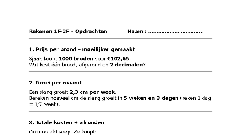 1F-2F-1 Oefentoets: Rekenen Opdrachten en Oefeningen - Studeersnel