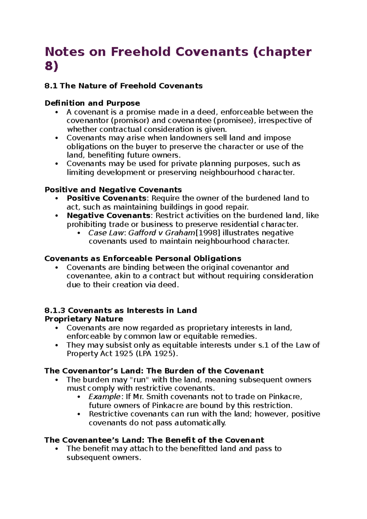Notes on Freehold Covenants (Law 101) - Chapter 8 Overview - Studocu